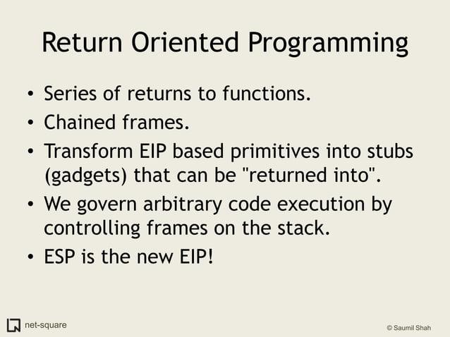 Dive into ROP - a quick introduction to Return Oriented Programming | PPT