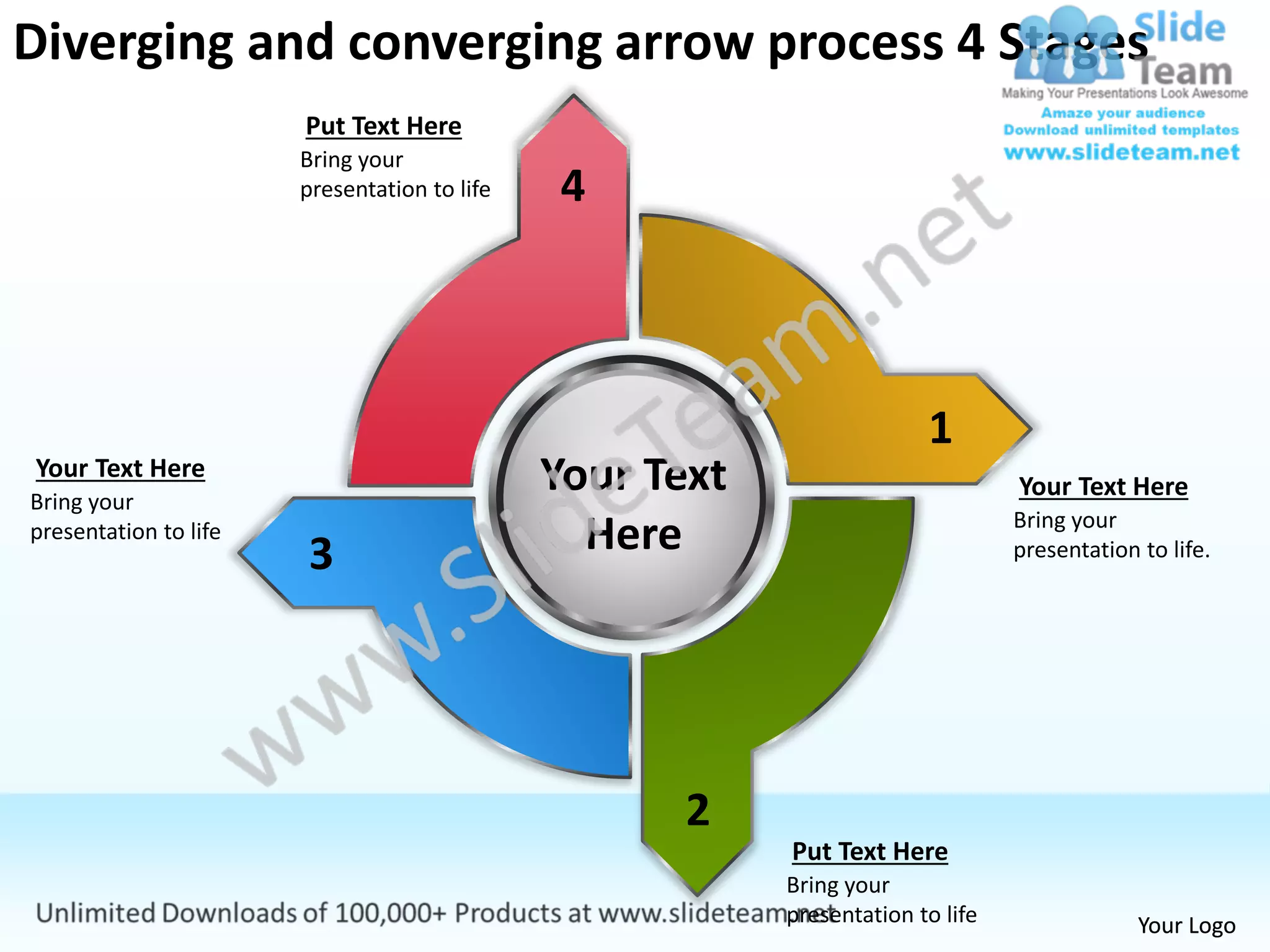 Diverging and converging arrow process 4 stages charts networks power ...