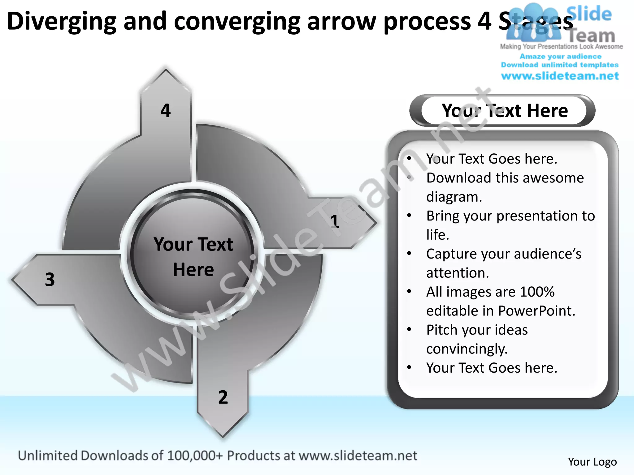 Diverging and converging arrow process 4 stages charts networks power ...