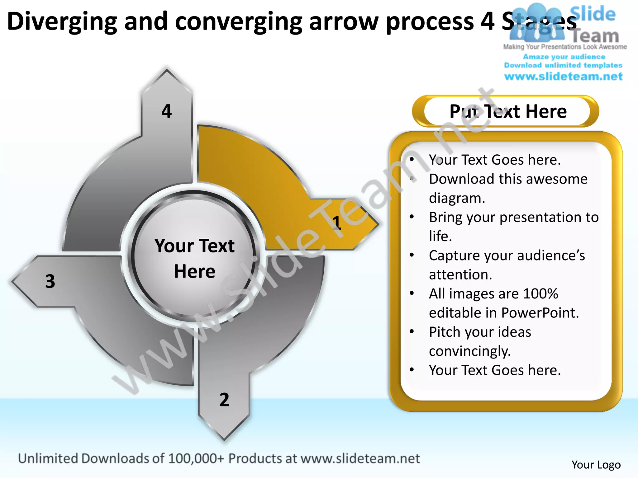 Diverging and converging arrow process 4 stages charts networks power ...