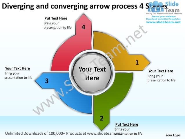 Diverging and converging arrow process 4 stages charts networks power ...