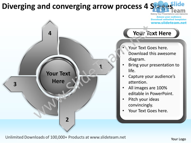 Diverging and converging arrow process 4 stages charts networks power ...