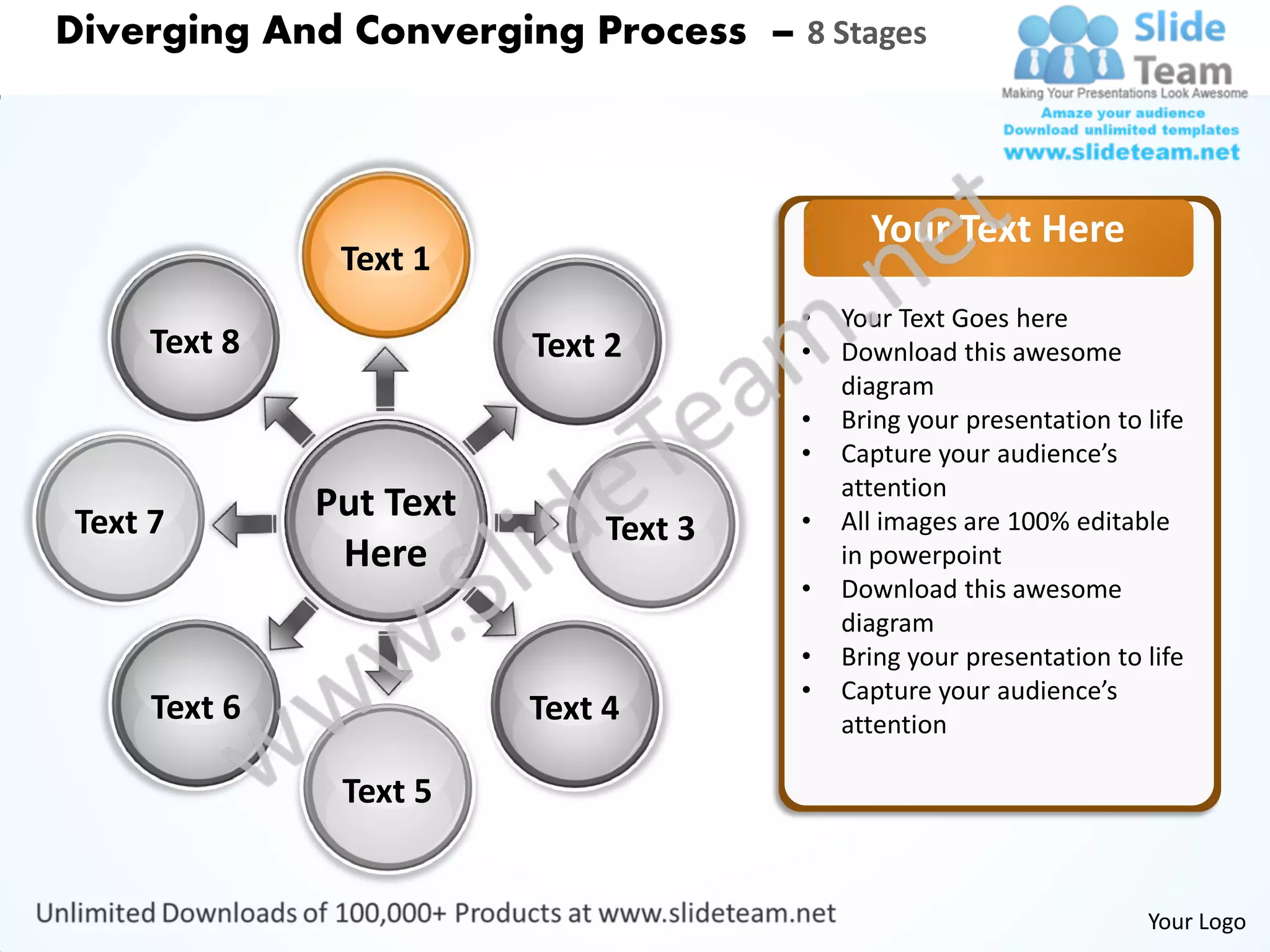 Diverging and converging process 8 stages circular flow motion diagram ...