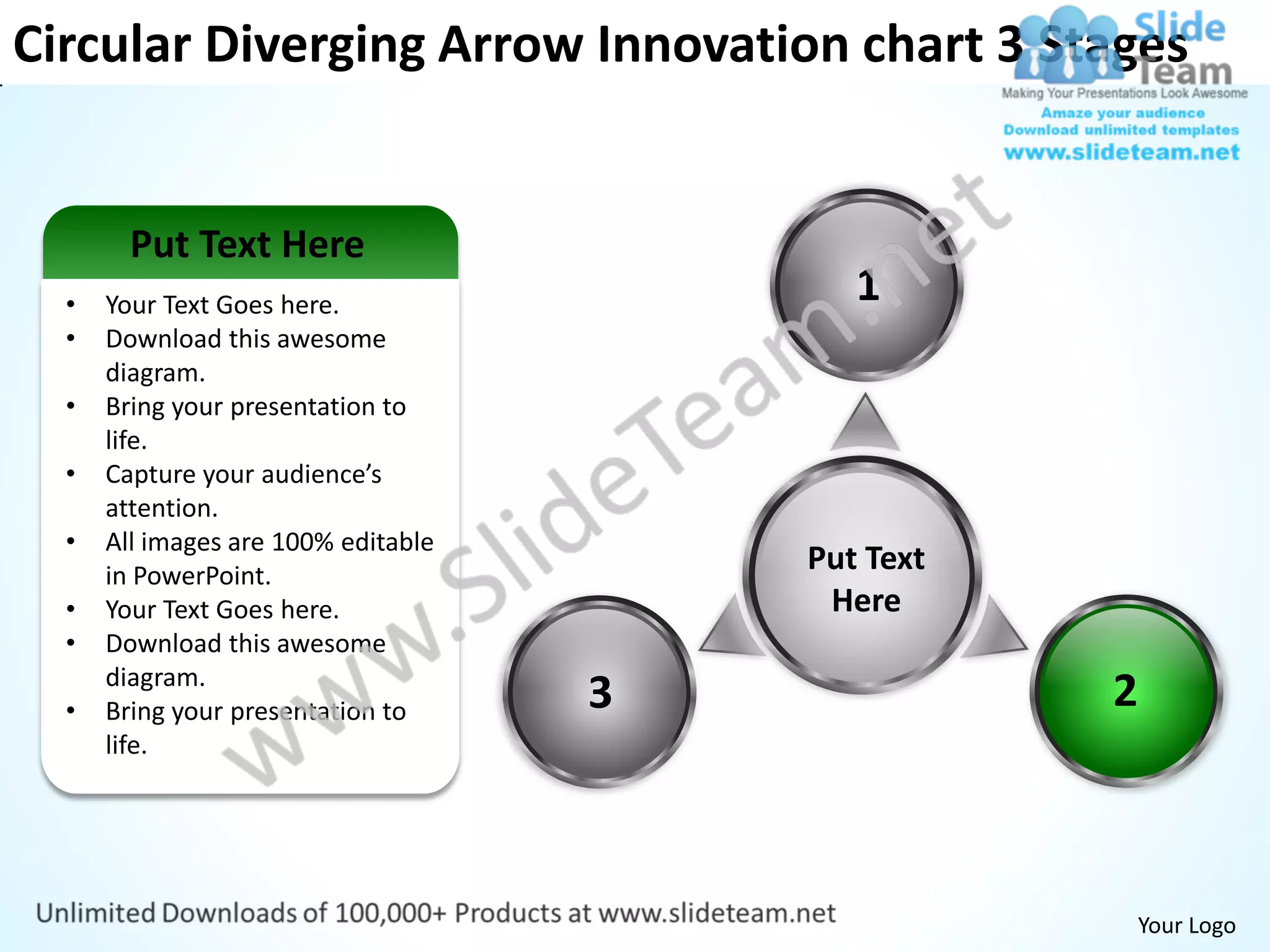 Diverging arrow innovation chart 3 stages circular flow network power ...