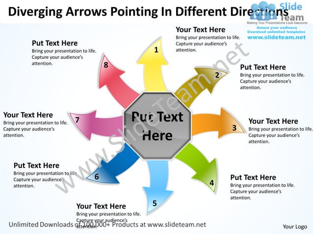 Diverging arrows pointing different directions circular motion network power point slides | PPT