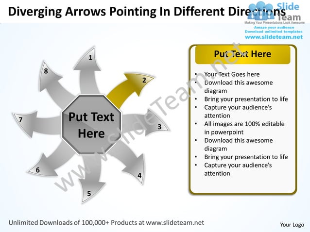 Diverging arrows pointing different directions circular motion network power point slides | PPT
