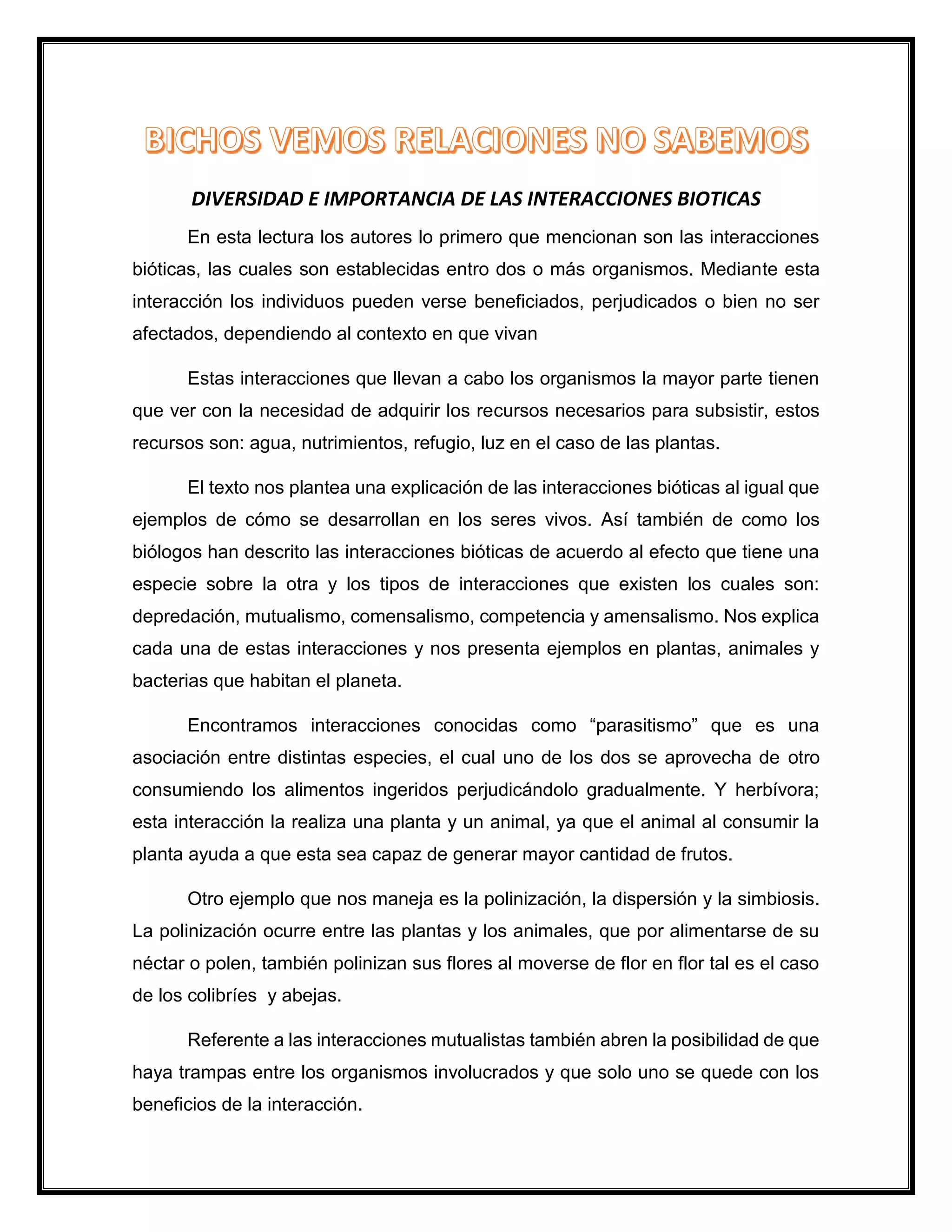 Diversidad e importancia de las interacciones bioticas | PDF