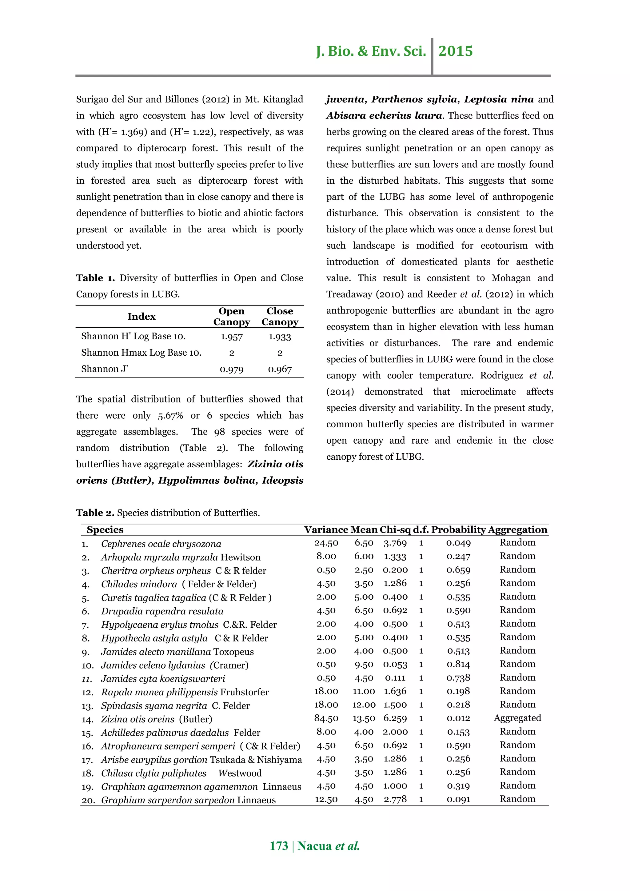 Diversity and distribution of butterflies in the open and close canopy ...