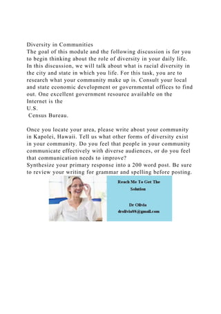Diversity in CommunitiesThe goal of this module and the followin.docx