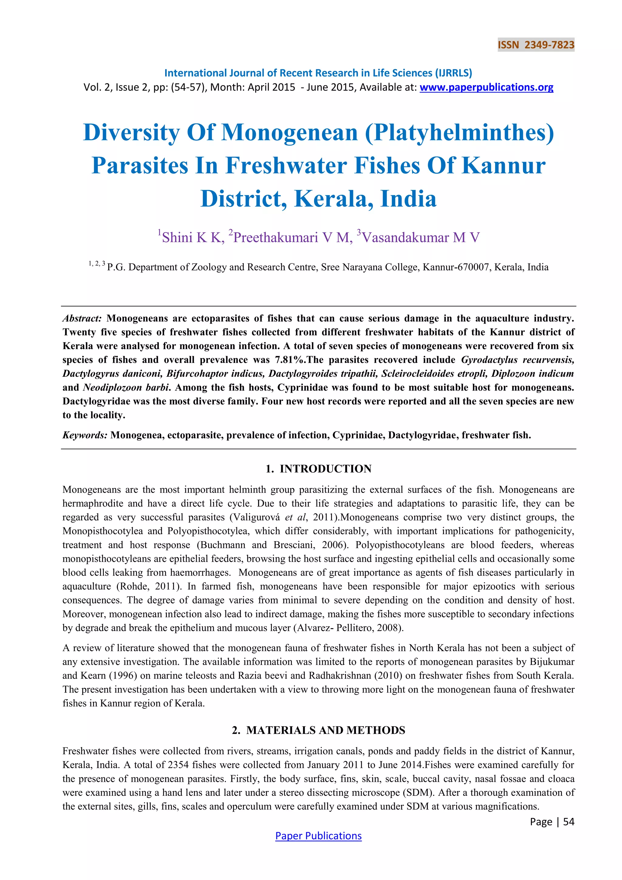 Diversity of monogenean (Platyhelminthes) parasites in freshwater ...