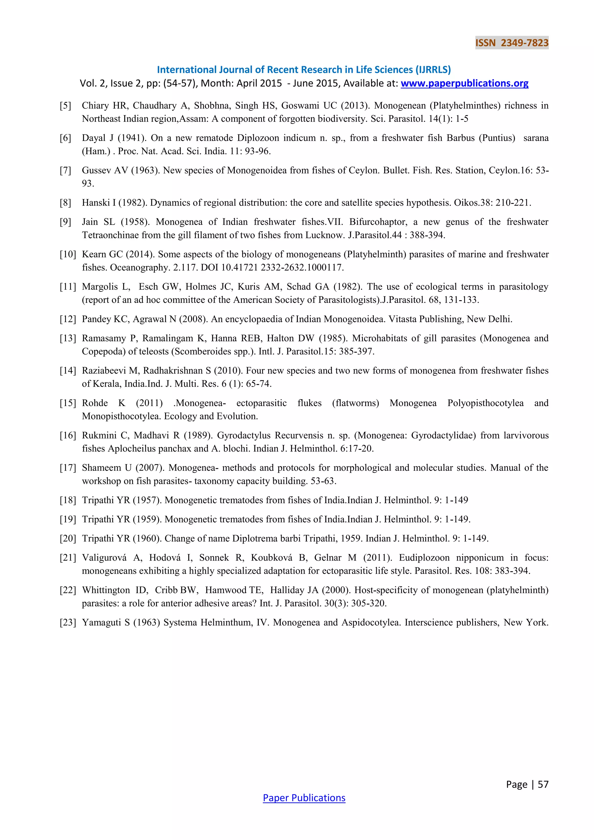 Diversity of monogenean (Platyhelminthes) parasites in freshwater ...
