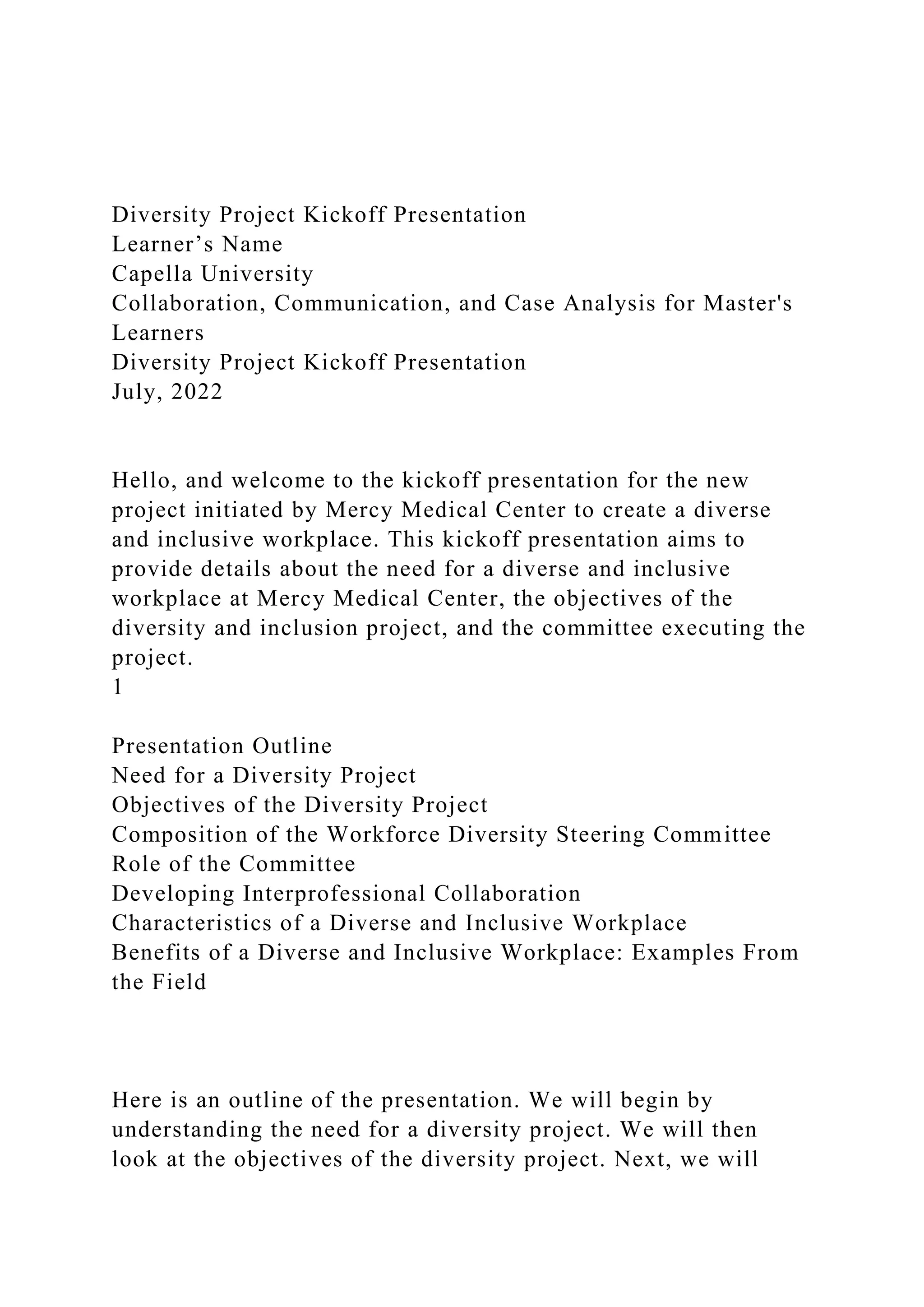 Diversity Project Kickoff PresentationLearner’s NameCapella .docx