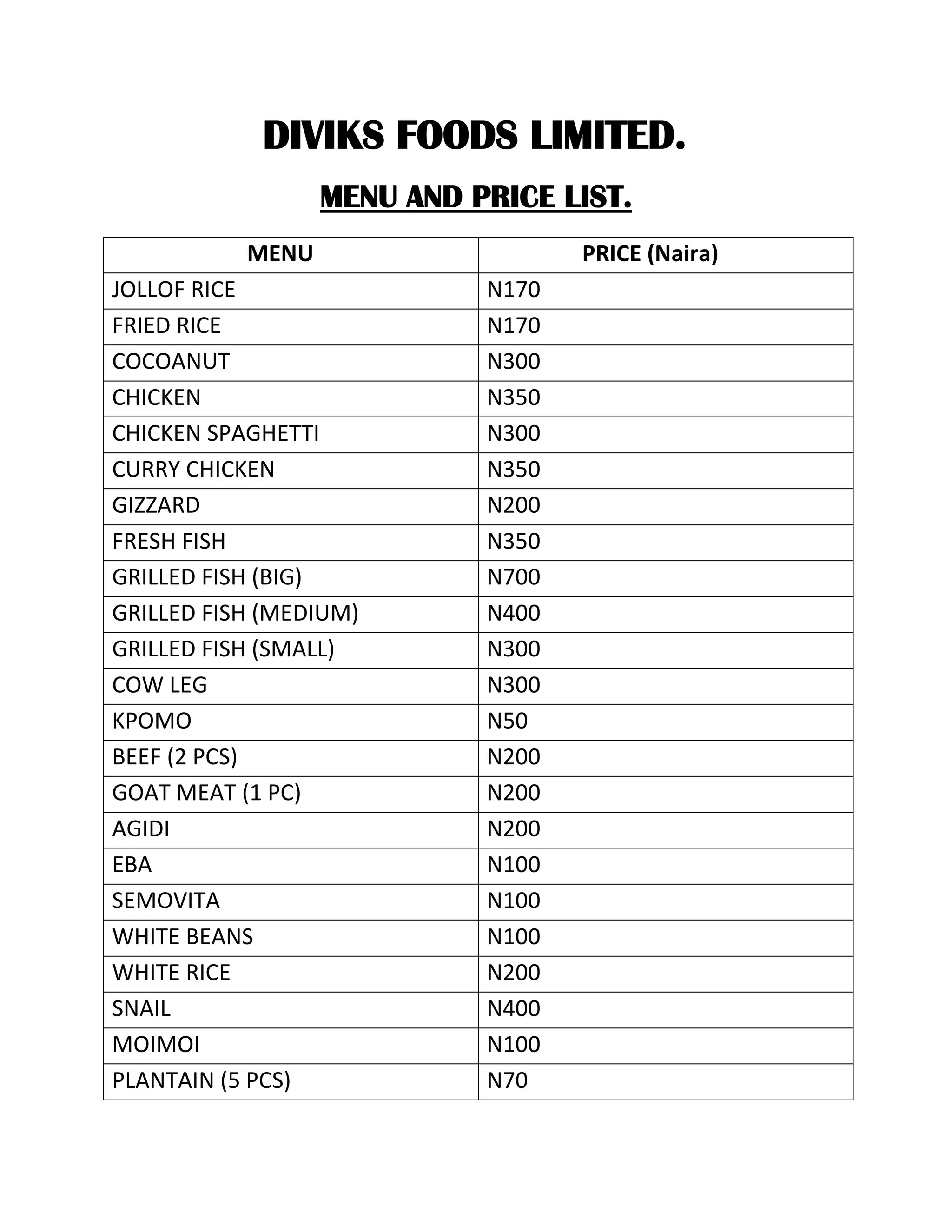 Diviks foods ltd menu and price list | DOCX