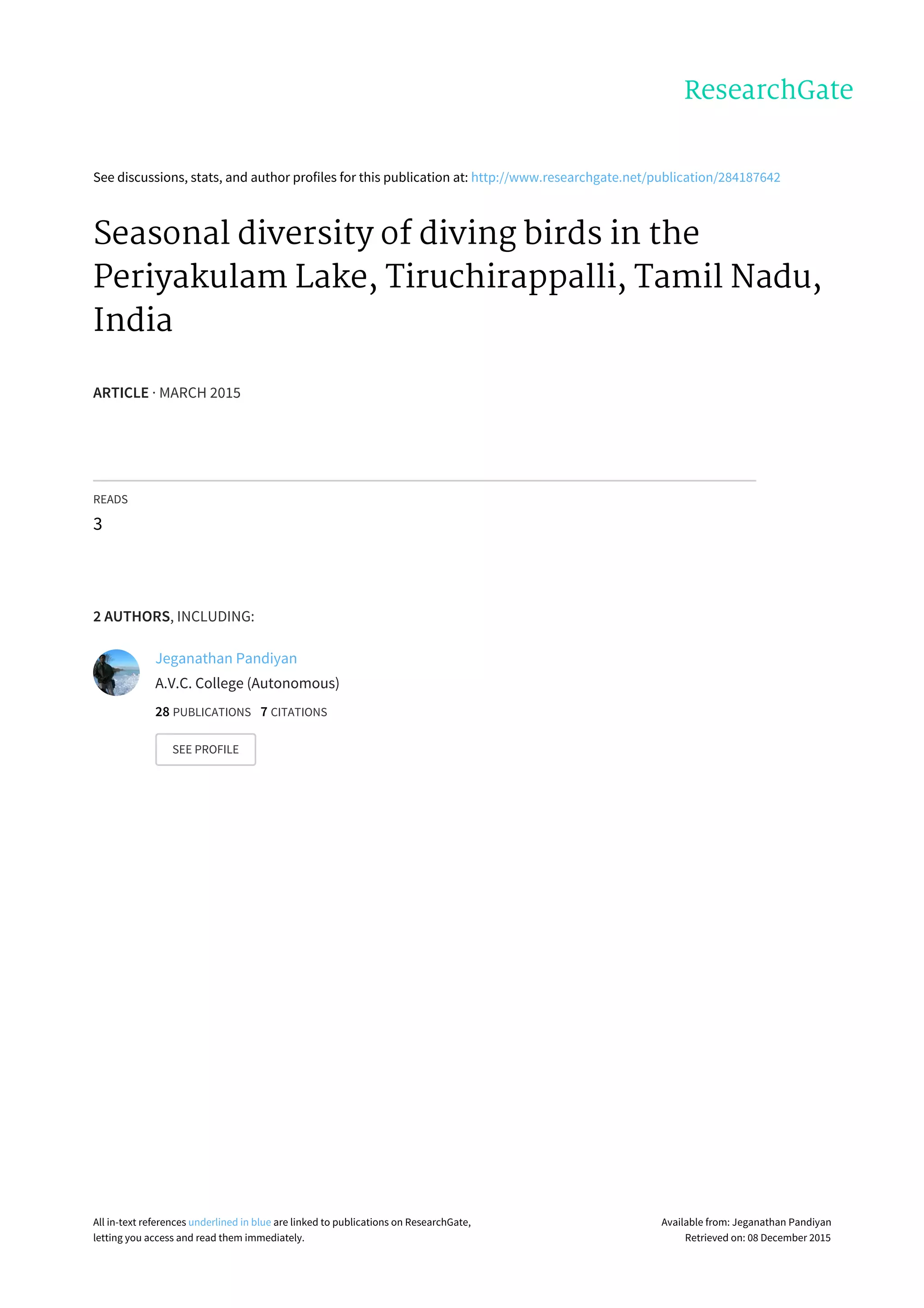 Seasonal diversity of diving birds in the Periyakulam Lake ...