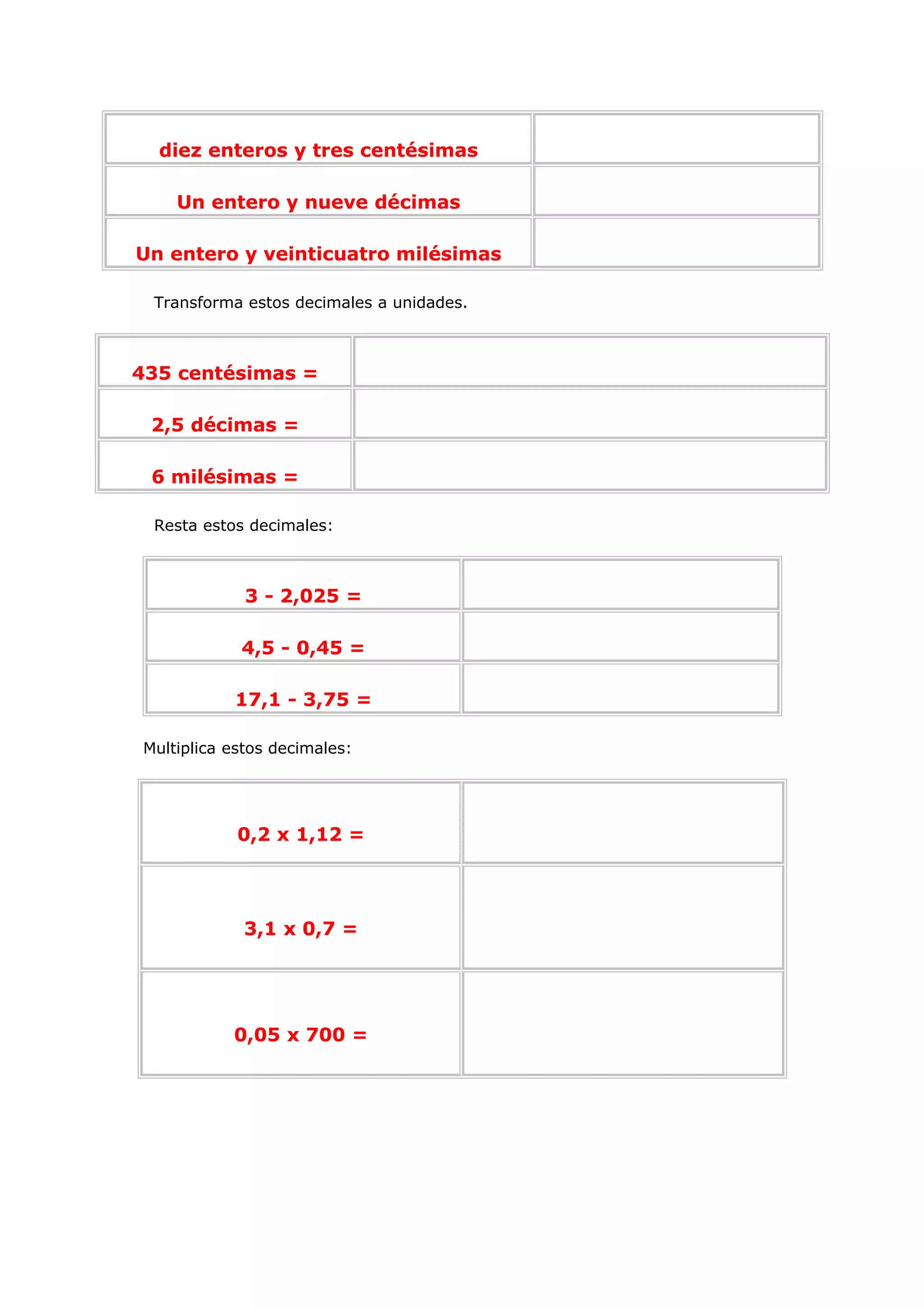 Operaciones con nñumeros decimales | PDF