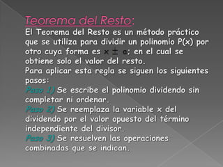 División de polinomios. Ruffini y Teorema del Resto | PPTX