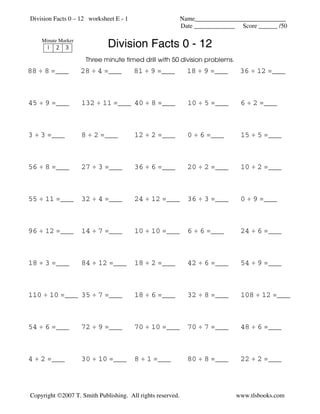 Division fluency drill math facts | PDF