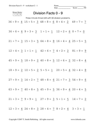 Division fluency drill math facts | PDF