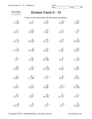 Division fluency drill math facts | PDF