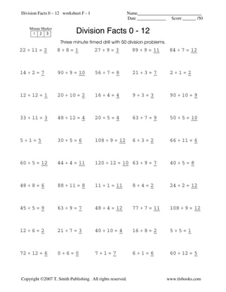 Division fluency drill math facts | PDF