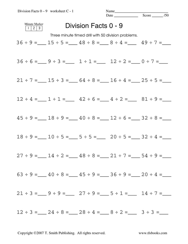 Division fluency drill math facts