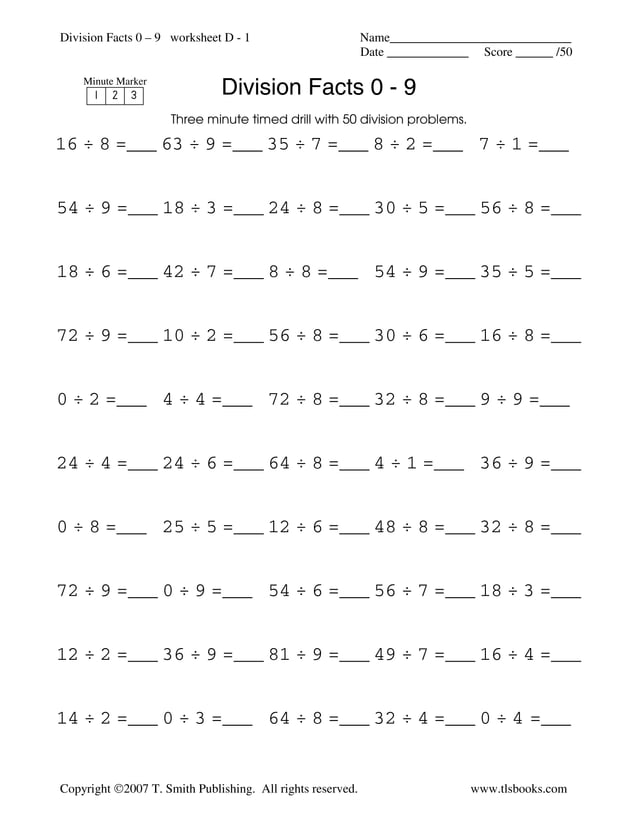 Division fluency drill math facts