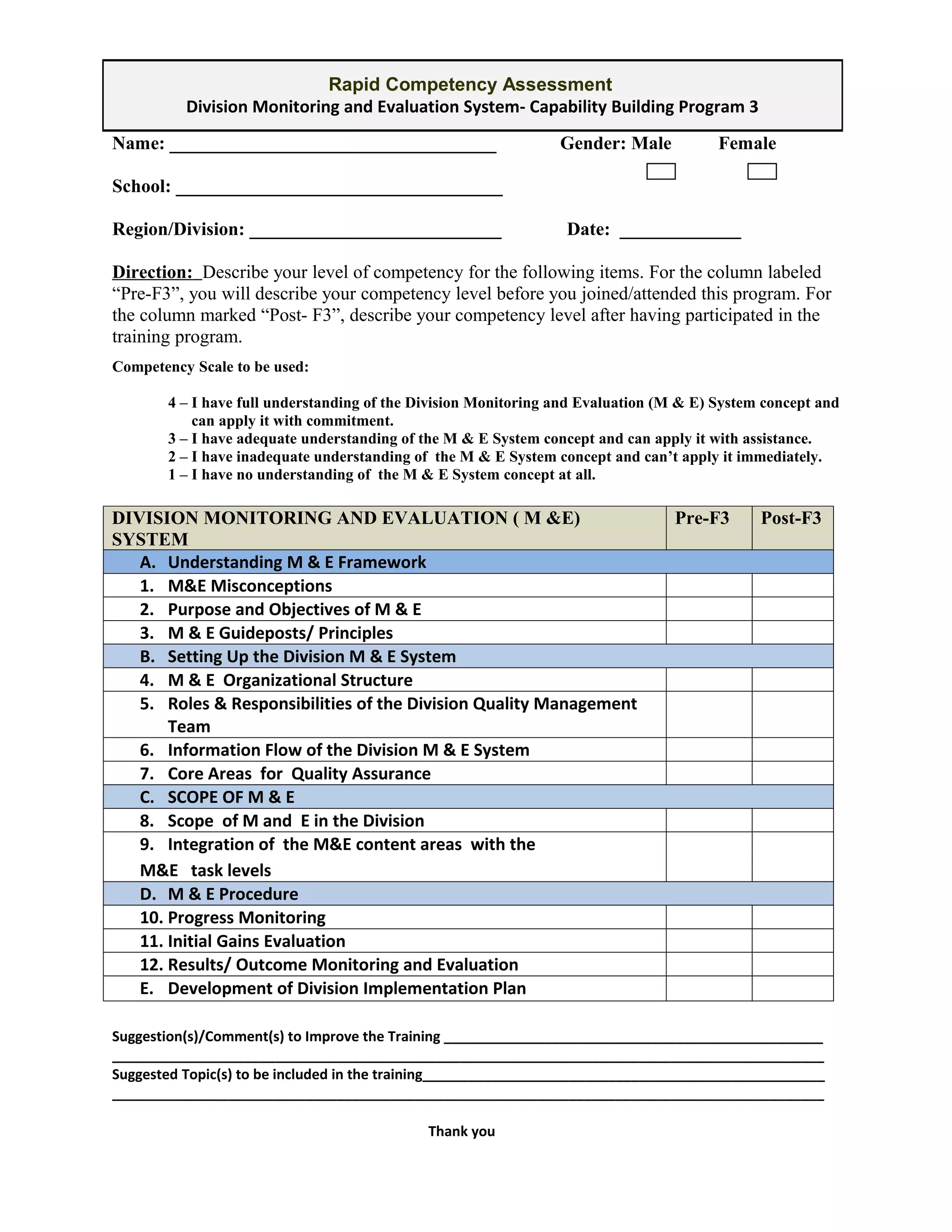 Division Monitoring and Evaluation System- Rapid Competency Ass… | DOC