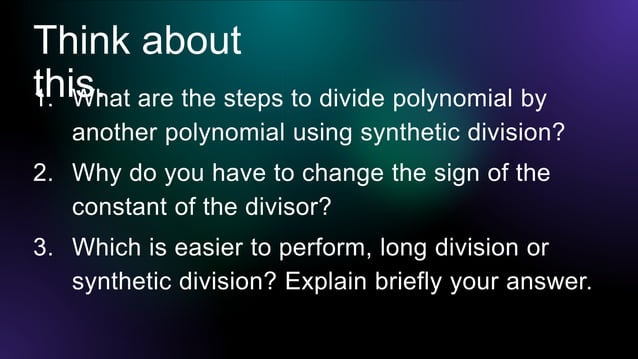 Division of Polynomials using Synthetic Division.pptx | Science