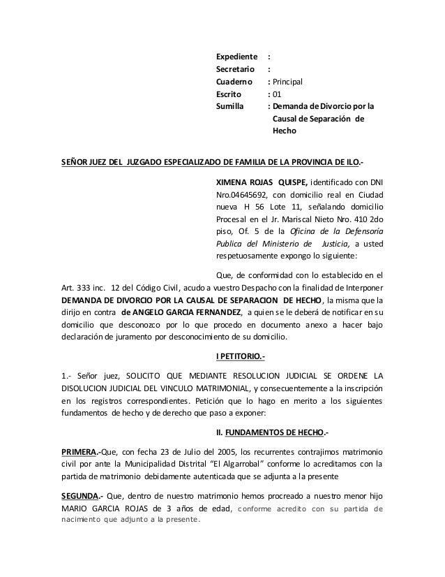 Modelo De Demanda De Divorcio Por Separacion De Hecho Pdf Divorcio Pdmrea