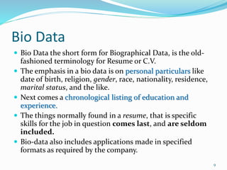 Resume/ C.V/ Biodata and E- portfolio | PPTX