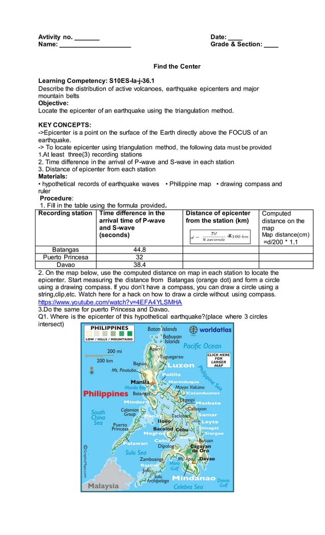 FINDING THE EPICENTER ACTIVITY SHEET | DOCX | Geology | Science