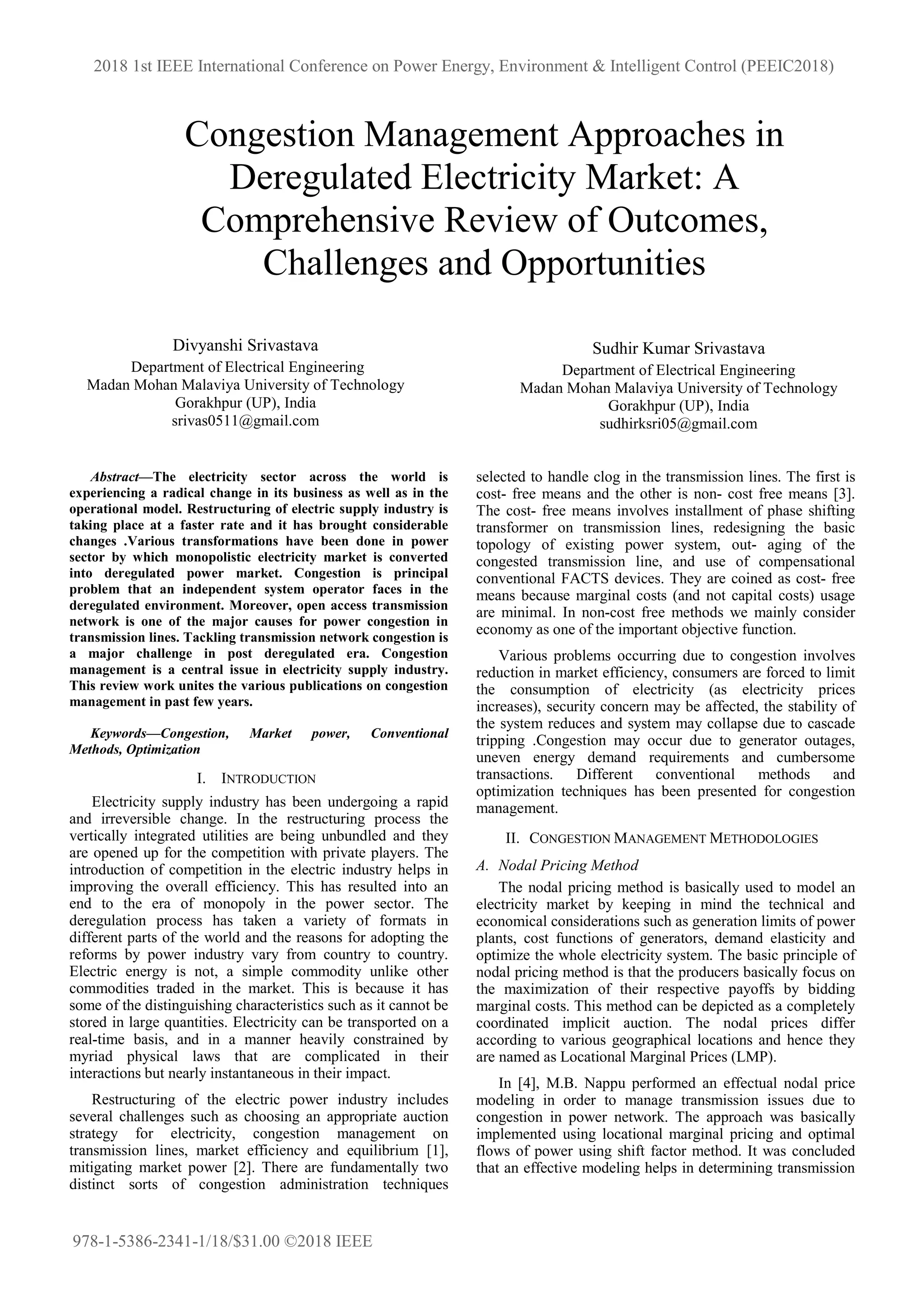 Congestion Management Approaches in Deregulated Electricity Market: A ...