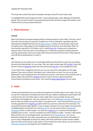 Video Equipment Cheat sheet from John Maybury 2020 | PDF
