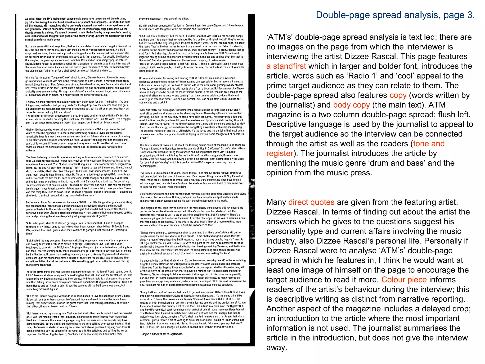 Dizzee rascal ATM double-page spread analysis, pages 1, 2 &3 | PPT