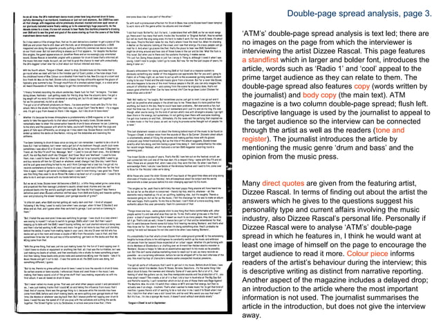 Dizzee rascal ATM double-page spread analysis, pages 1, 2 &3 | PPT