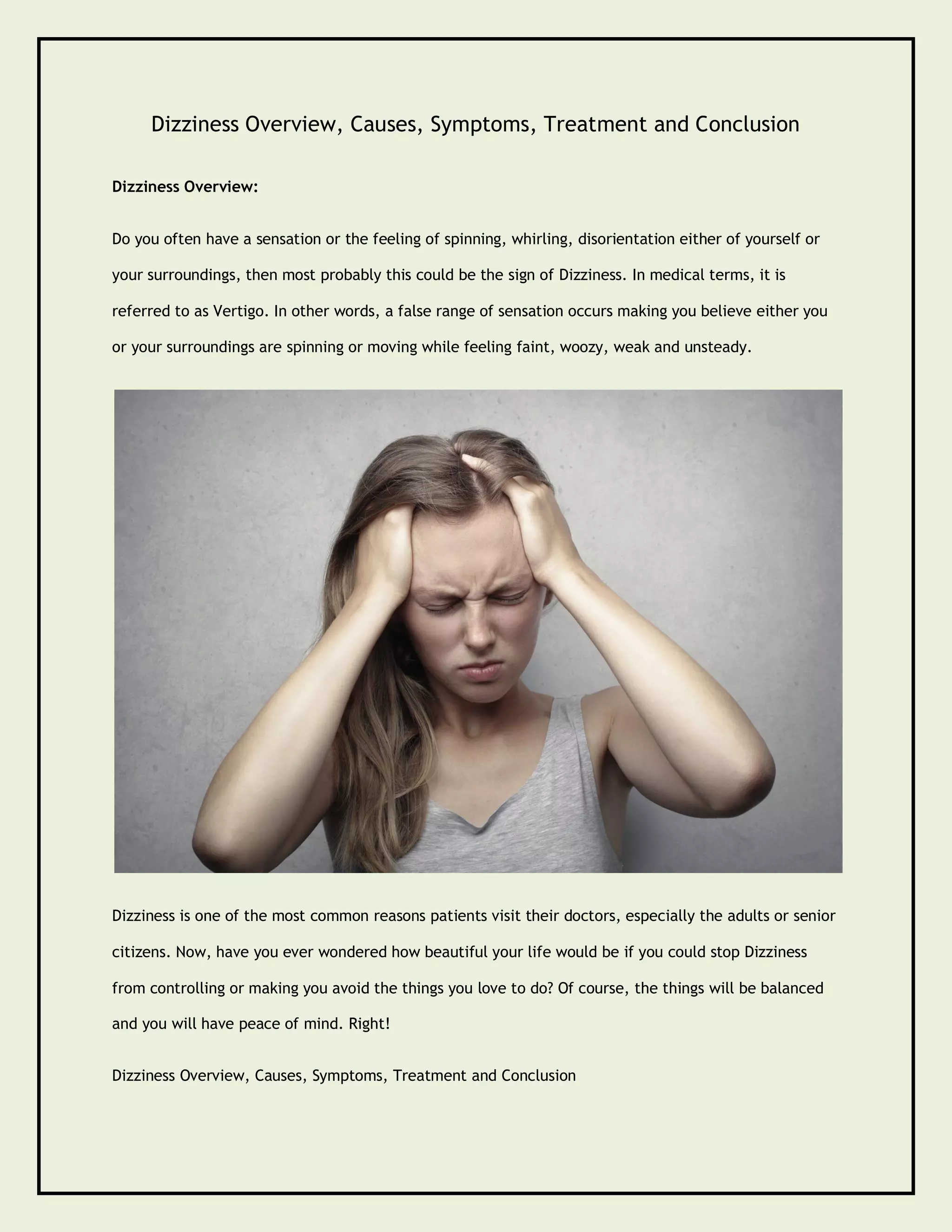 Dizziness overview, causes, symptoms, treatment and conclusion | PDF