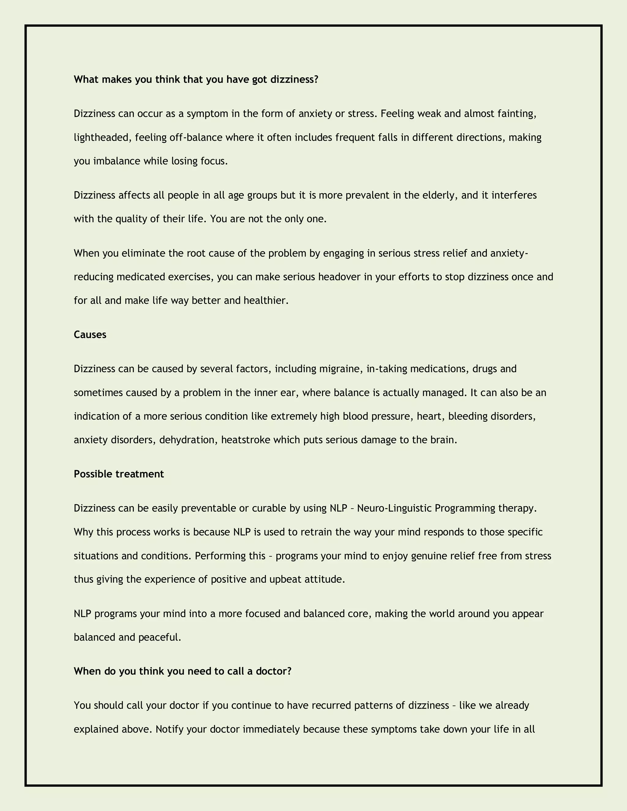 Dizziness overview, causes, symptoms, treatment and conclusion | PDF