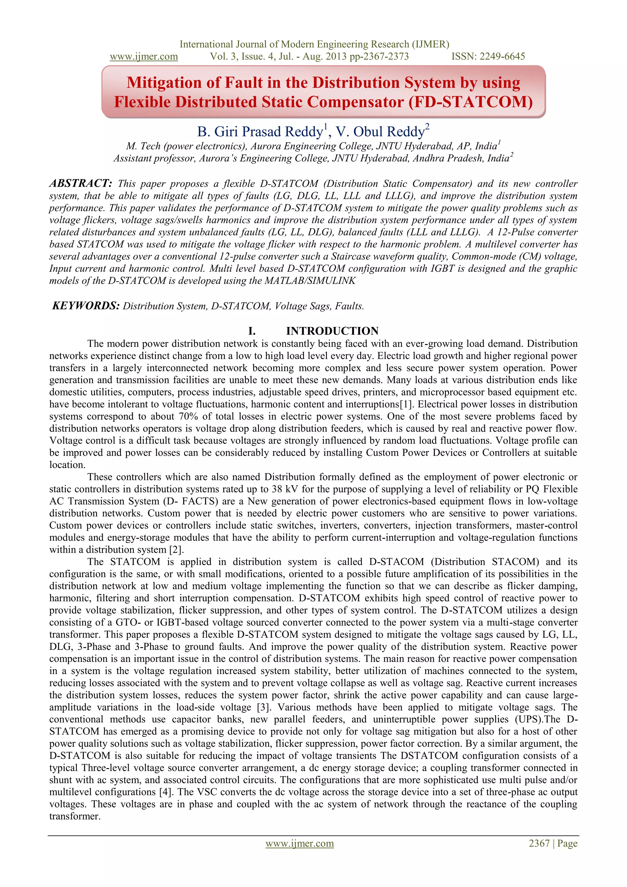 Mitigation of Fault in the Distribution System by using Flexible Distributed Static Compensator ...