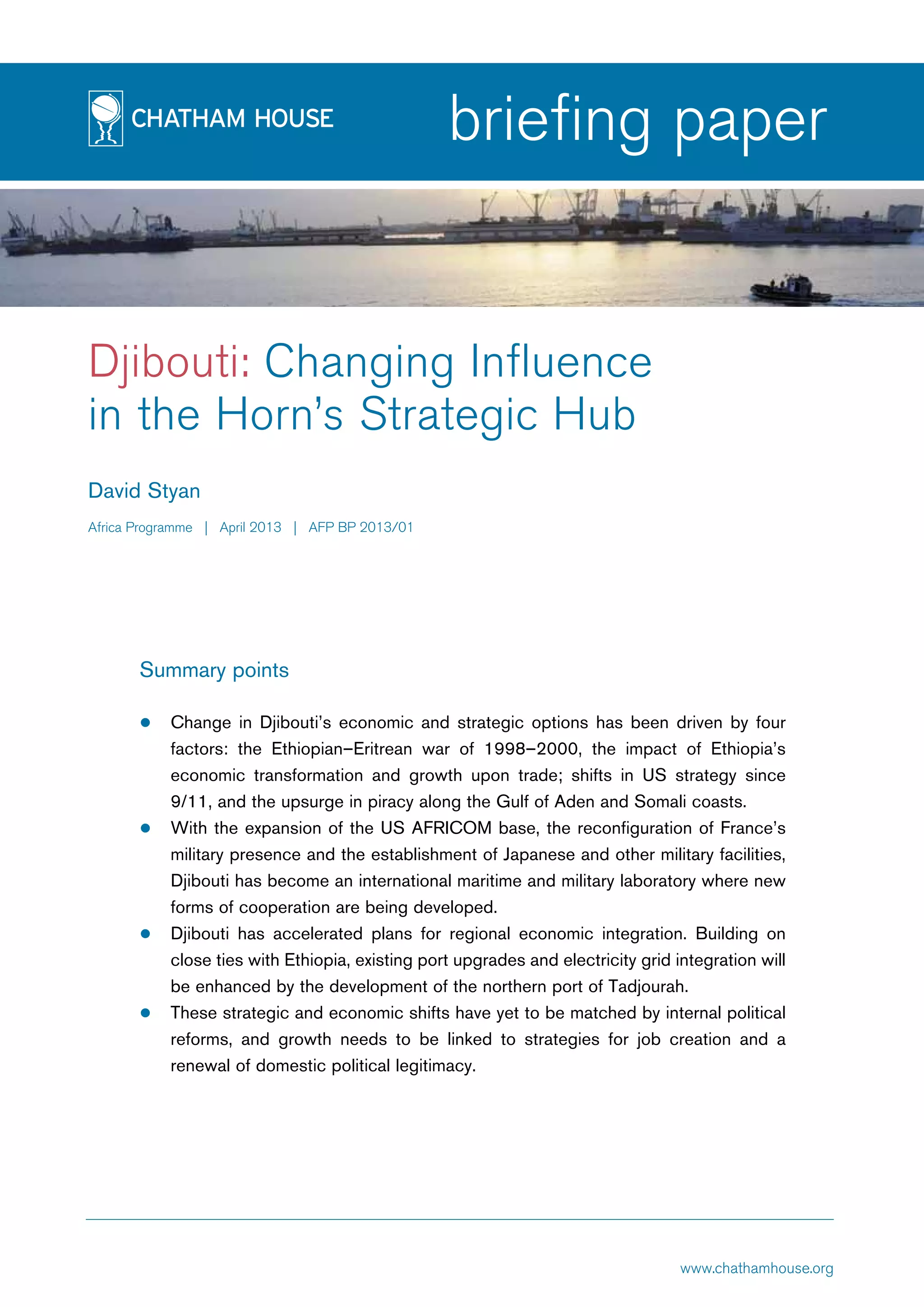 Djibouti changing influence Djibouti Chatham House | PDF