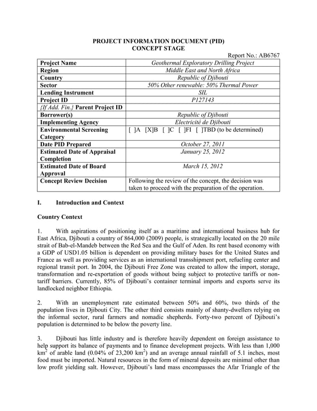 Djibouti geothermal proposal 2012 drilling | DOCX | Power and Energy ...