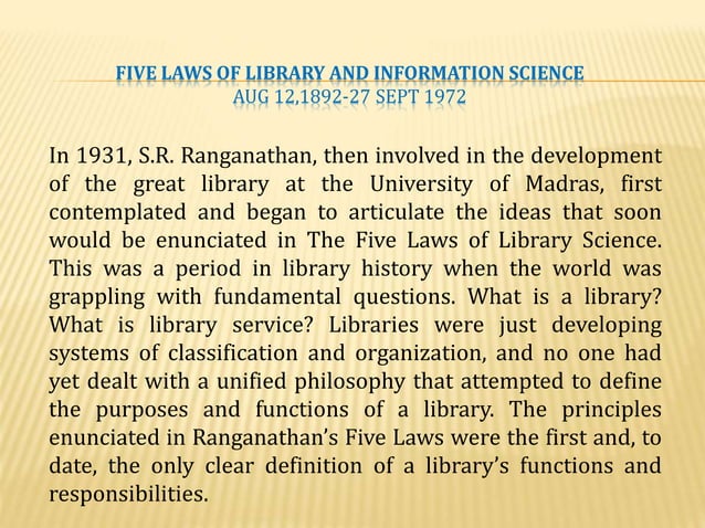 Five Laws of Library Science | PPTX