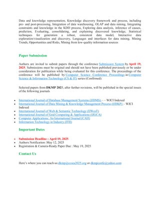 Call for Papers - 13th International Conference on Data Mining & Knowledge Management Process ...