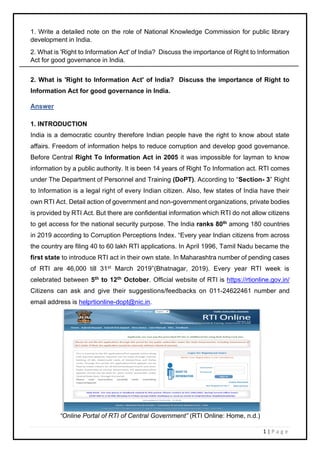 WHAT IS 'RIGHT TO INFORMATION ACT' OF INDIA? DISCUSS THE IMPORTANCE OF ...