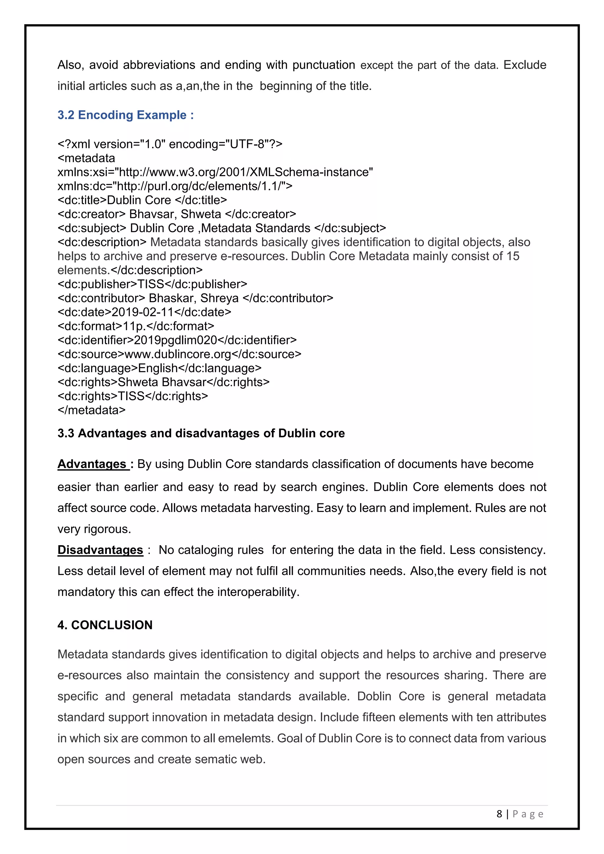 WHAT ARE METADATA STANDARDS? EXPLAIN DUBLIN CORE IN DETAIL. | PDF