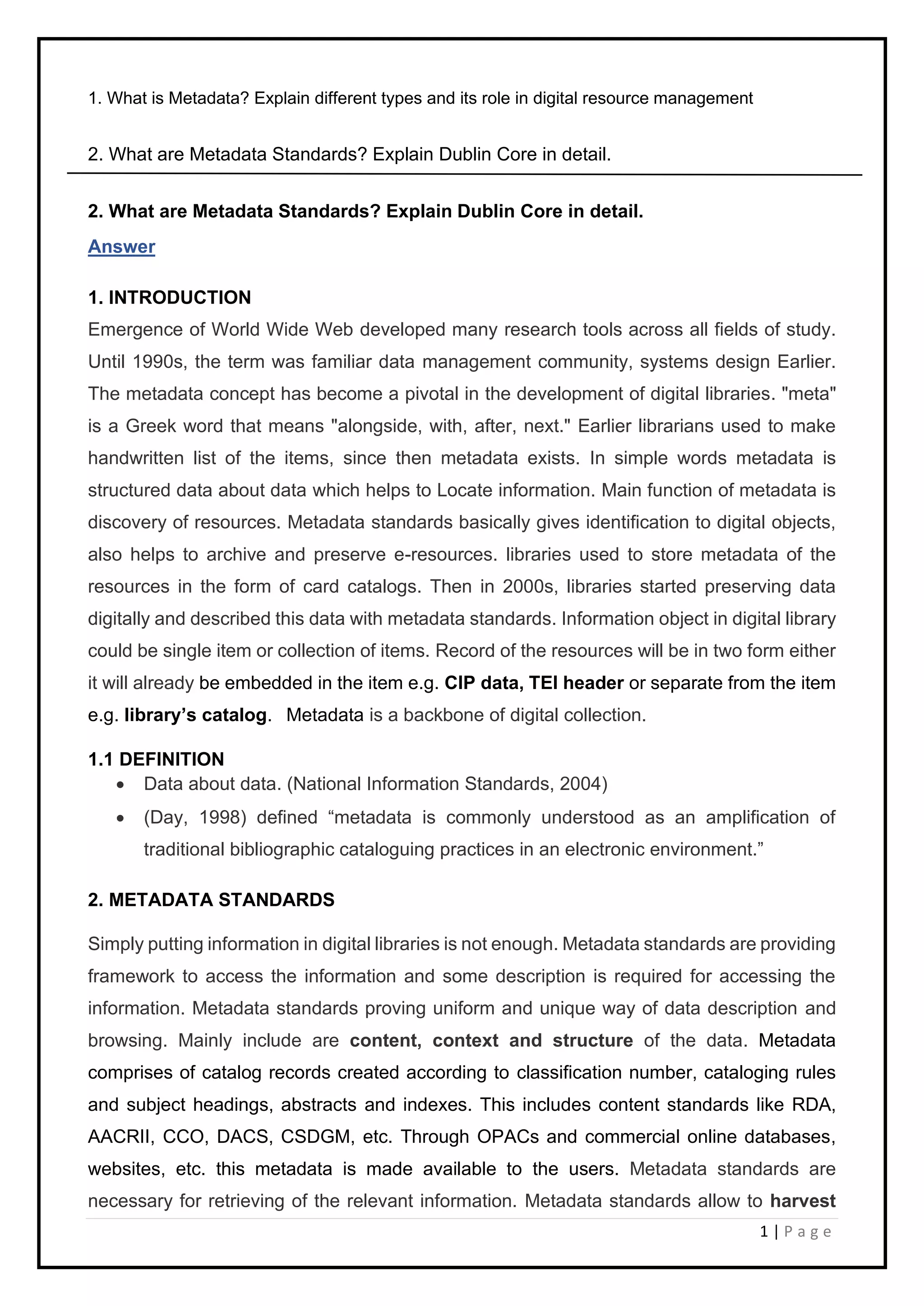 WHAT ARE METADATA STANDARDS? EXPLAIN DUBLIN CORE IN DETAIL. | PDF