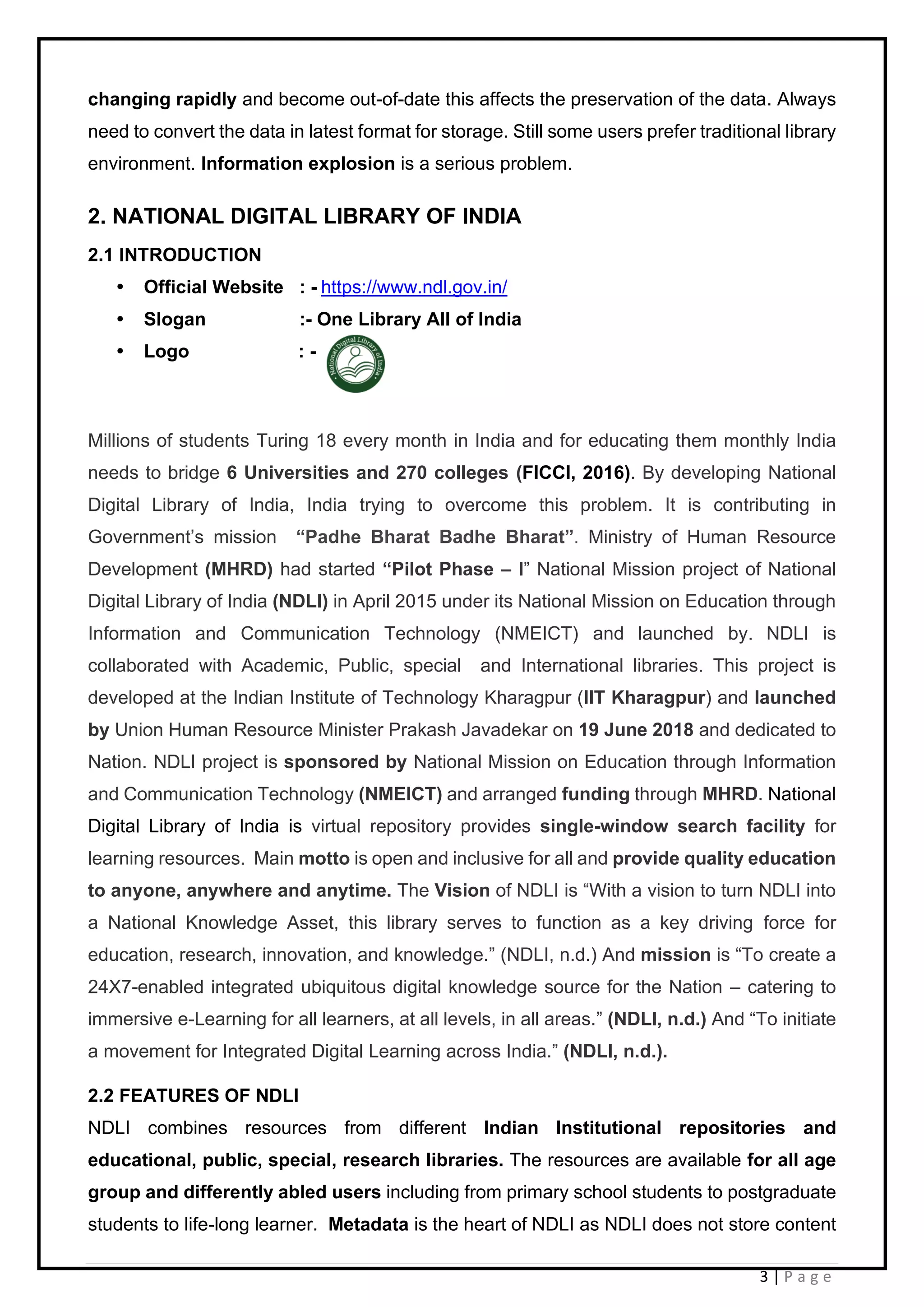 WHAT IS A DIGITAL LIBRARY? EXPLAIN NDLI AND ITS CONTRIBUTION. | PDF