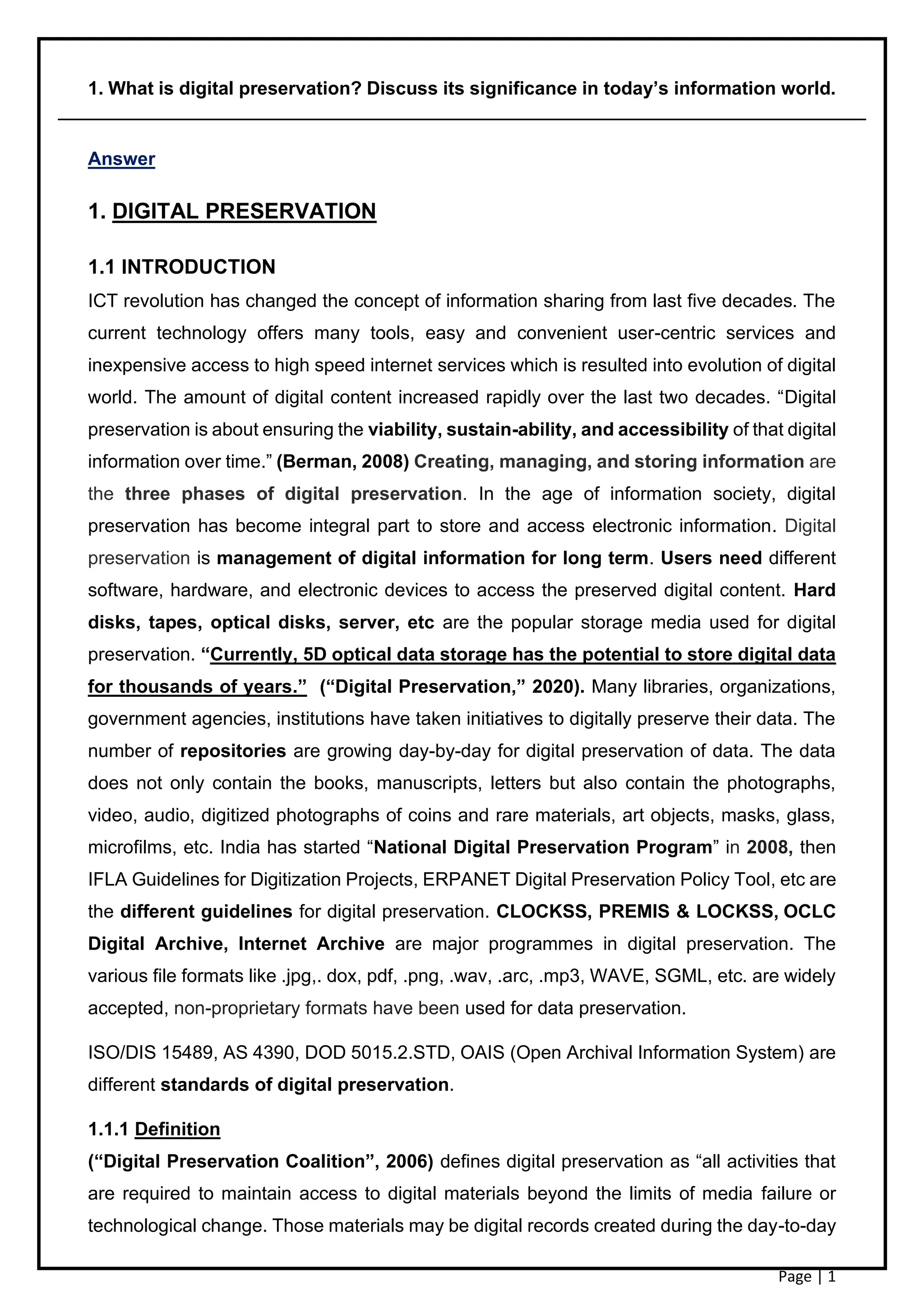 WHAT IS DIGITAL PRESERVATION? DISCUSS ITS SIGNIFICANCE IN TODAY’S ...