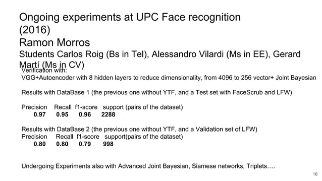 Deep Learning for Computer Vision: Face Recognition (UPC 2016) | PPT