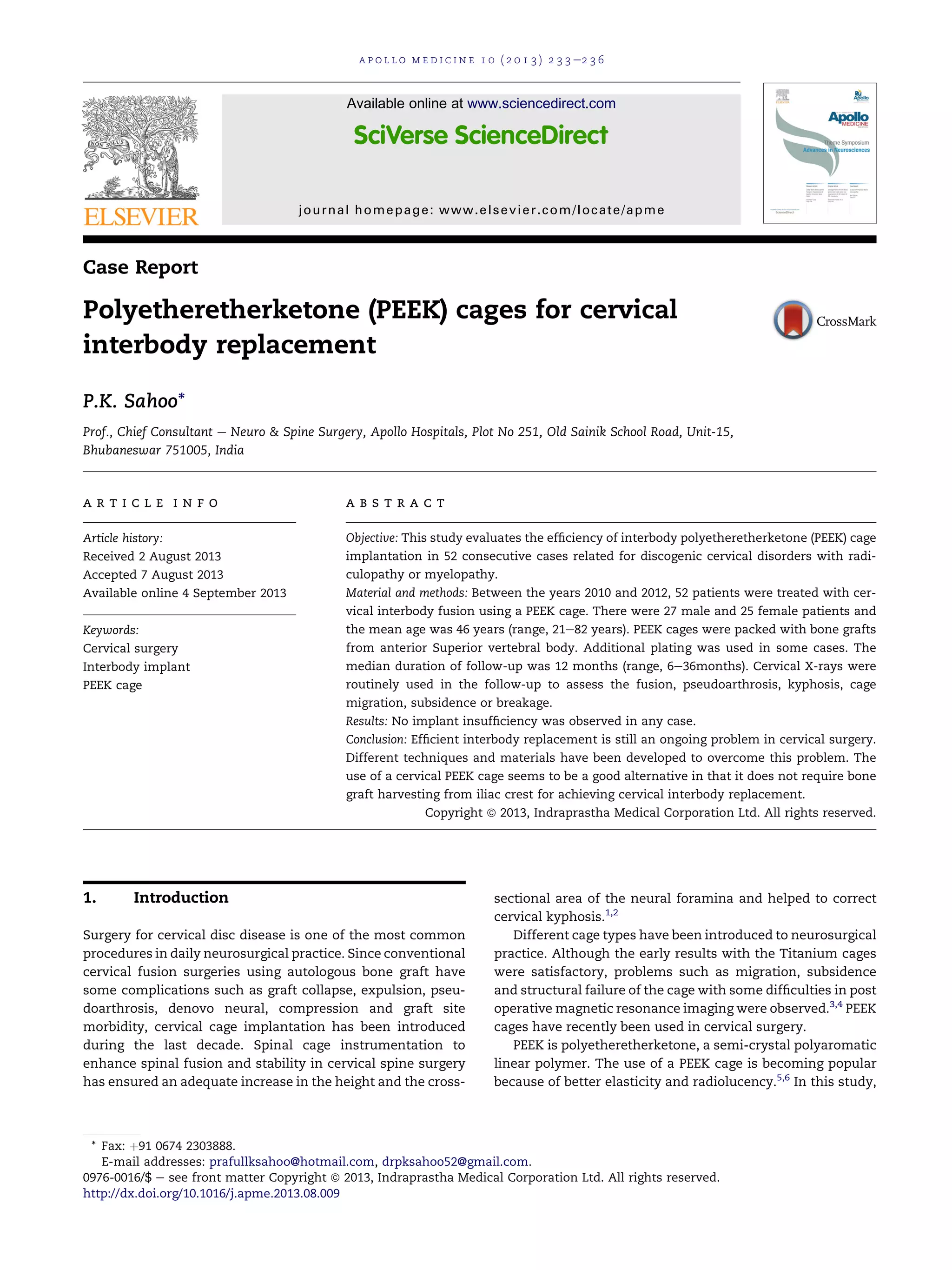 Polyetheretherketone (PEEK) cages for cervical interbody replacement | PDF