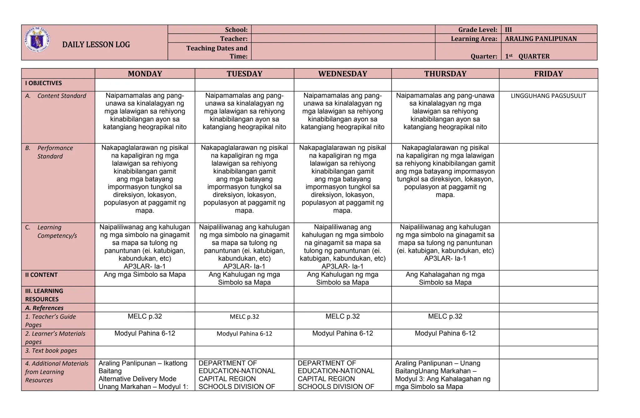 grade 3 quarter 1 week 1 daily lesson log | DOCX
